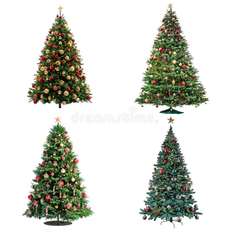Four Decorated Christmas Trees Isolated on White Background Stock Image ...