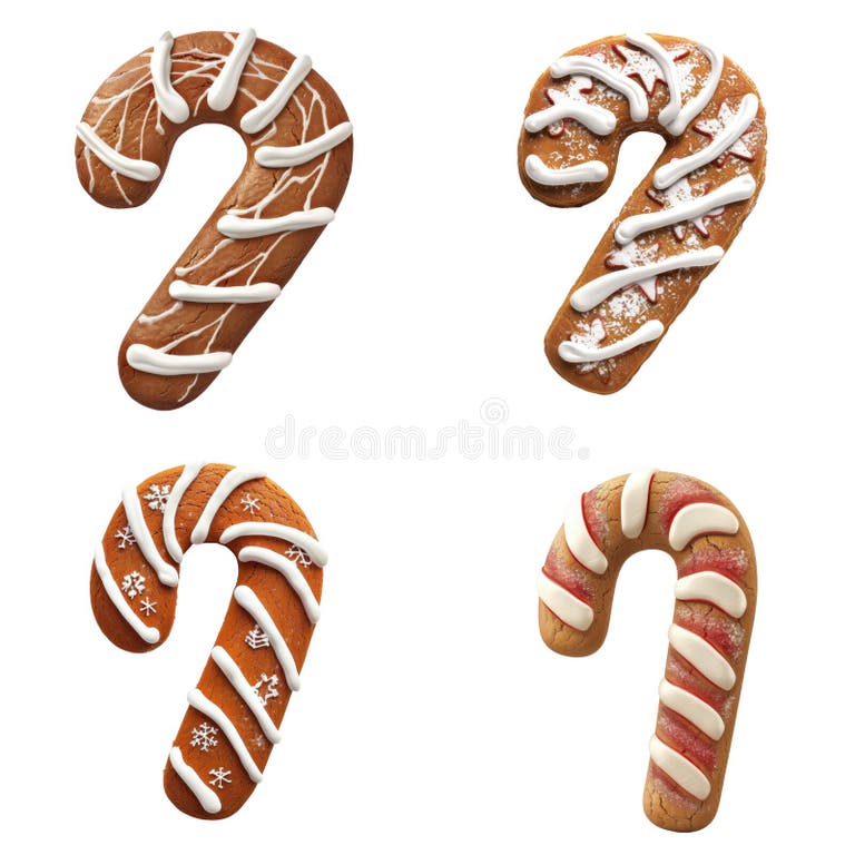 Four Decorated Gingerbread Candy Canes Isolated on White Background ...