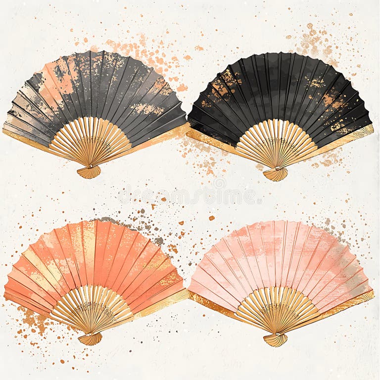 Four Decorative Folding Fans with Abstract Splatter Stock Illustration ...