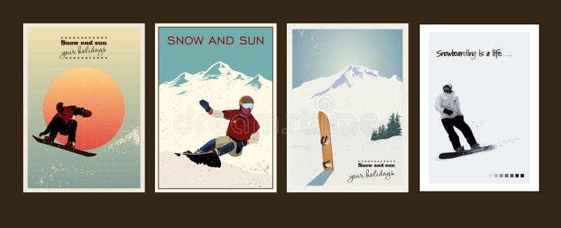 Four Decorative Posters about Snowboarding in Different Styles. Stock ...