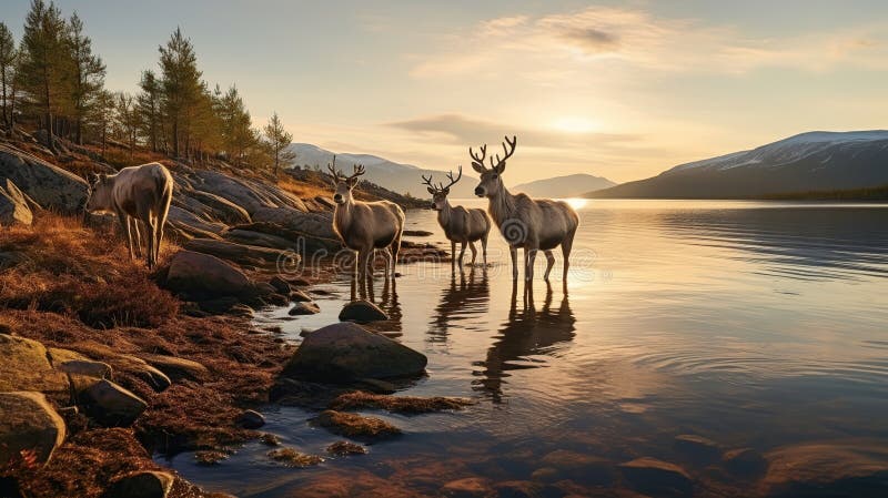 Four Deer Stand in a Lake at Sunset with Mountains in the Background ...
