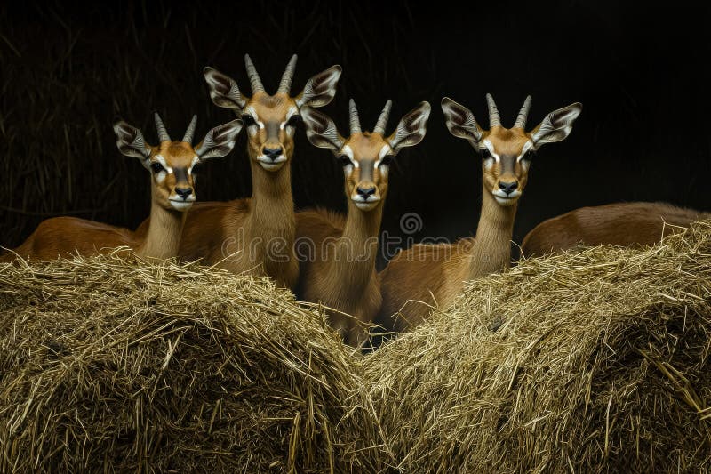Four Deer are Standing in a Field of Hay Stock Photo - Image of grass ...
