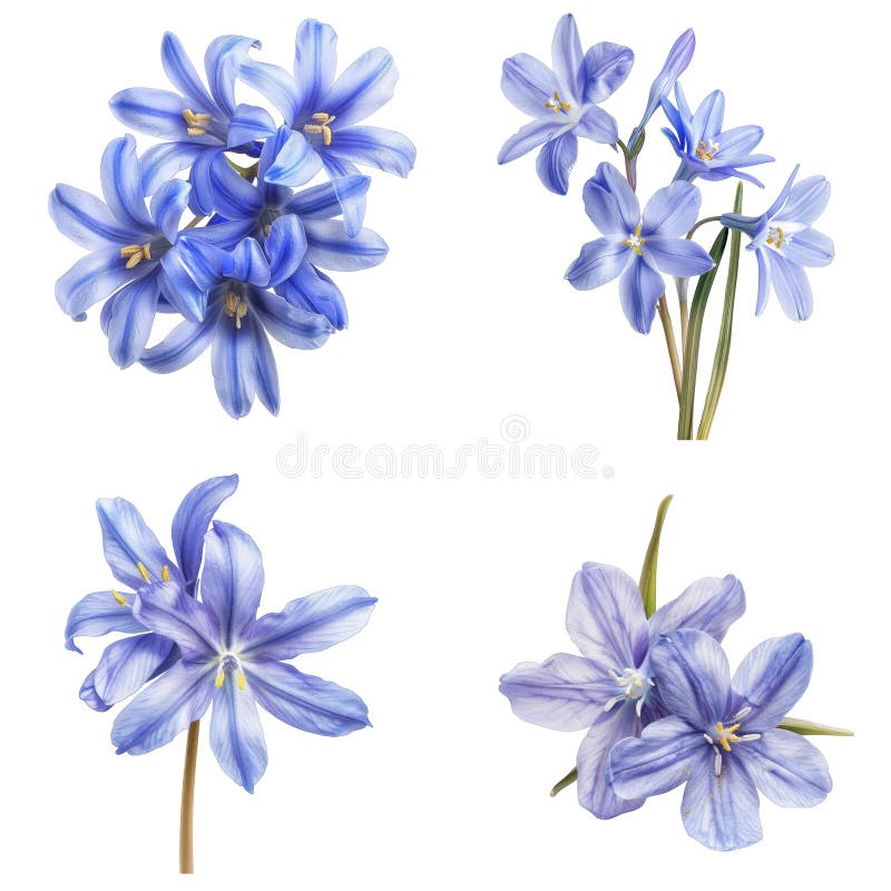 Four Delicate Blue Spring Flowers Isolated on White Background Stock ...