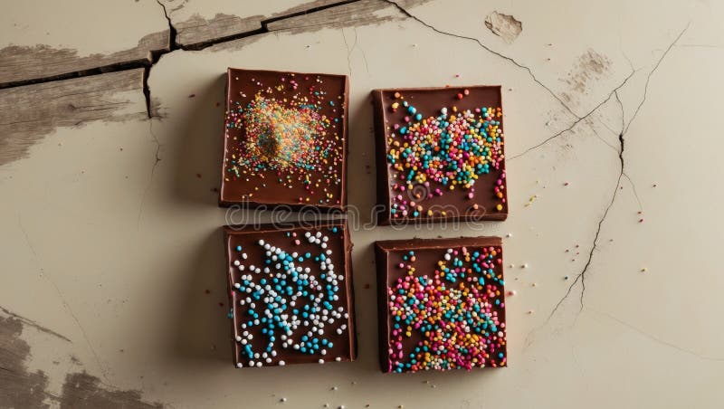 Four Delicious Chocolate Squares with Sprinkles on Rustic Wood. Stock ...