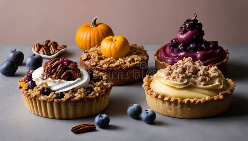 Four Desserts on a Table, Including a Blueberry Pie Stock Illustration ...