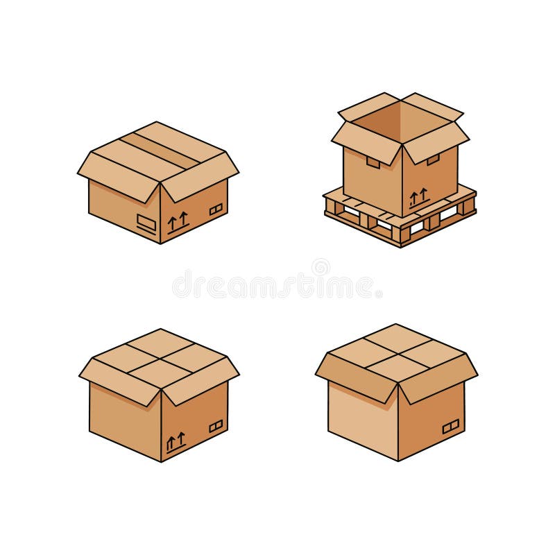 Four Detailed Cardboard Boxes in Flat Design Showcasing Various ...