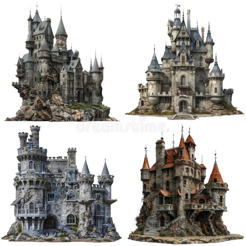 Four Detailed 3D Rendered Stone Castles Stock Illustration ...