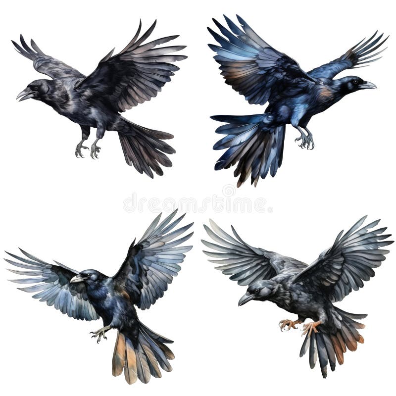 Four Detailed Drawings of Crows in Flight Stock Illustration ...