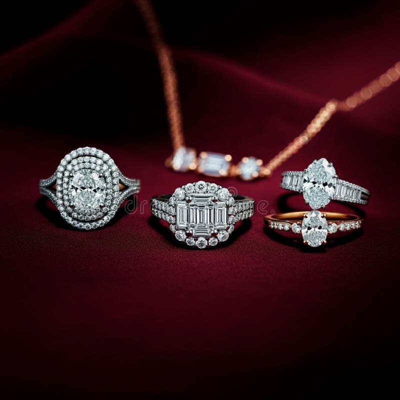 Four Diamond Rings Displayed on a Deep Red Fabric Background. Each Ring ...