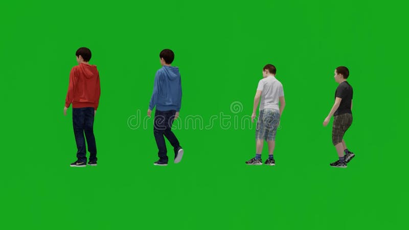 Four Different Boys Green Screen Side by Side Talking and Walking 3D ...
