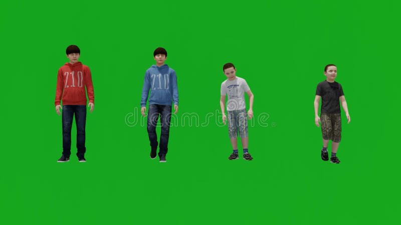 Four Different Boys Green Screen Side by Side Talking and Walking Front ...