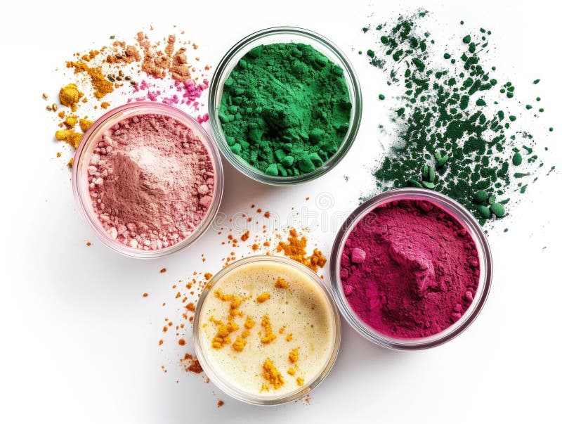 Four Different Colored Containers of Powder, One of Which is Green ...