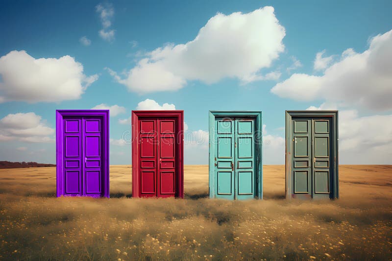 Four Different Colored Doors in an Open Field Stock Illustration ...