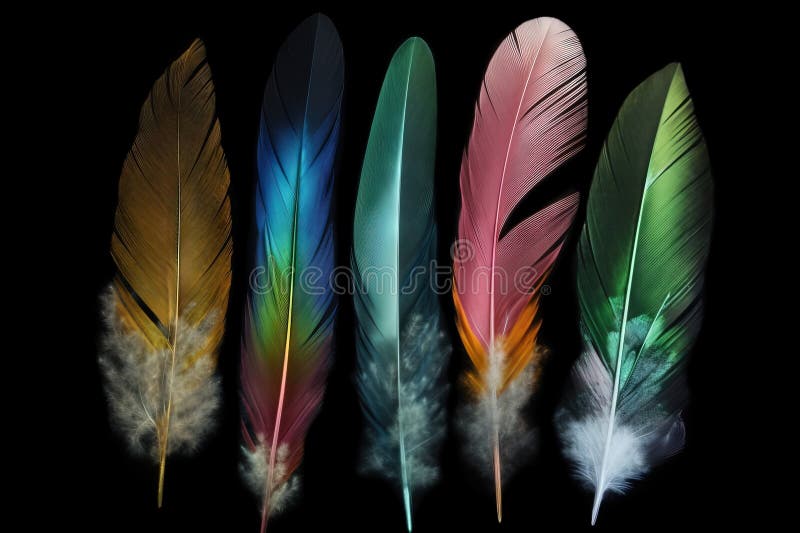 Four Different Colored Feathers are Shown in a Row on a Black ...