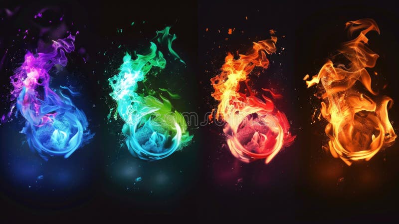 Four Different Colored Flames, with Orange, Yellow, Green and Blue Hues ...