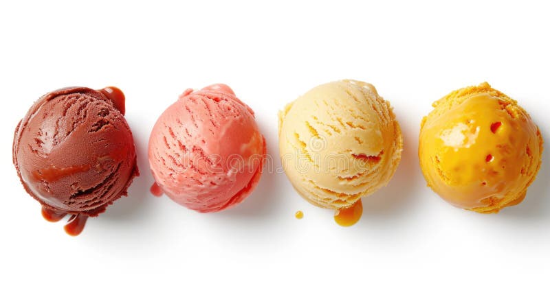 Four Different Colored Ice Cream Scoops are Lined Up on a White ...