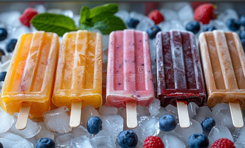 Four Different Colored Popsicles on Bed of Ice with Fresh Berries Stock ...