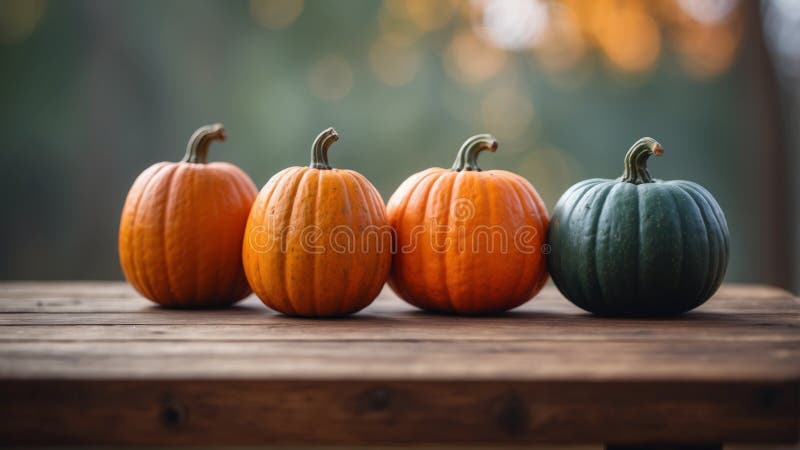 Four Different Colored Pumpkins are Lined Up on a Table. Stock Image ...