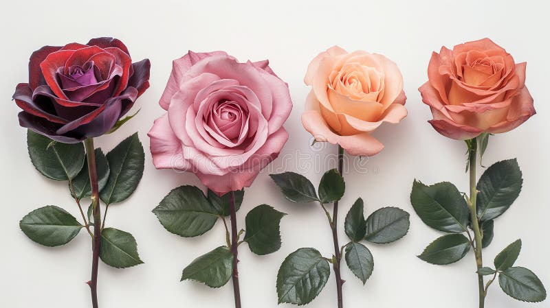 Four Different Colored Roses Arranged in a Row on White Background ...