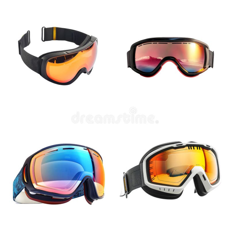 Four Different Colored Ski Goggles Isolated on White Background Stock ...
