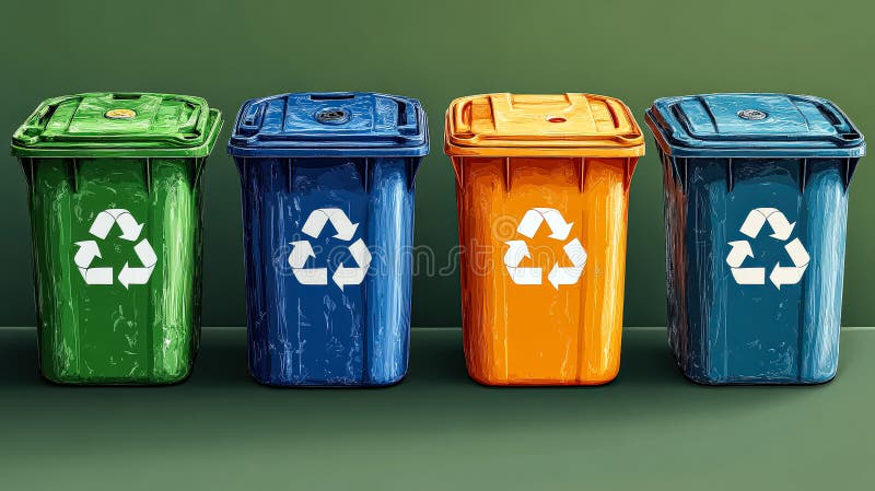 Four Different Colored Trash Cans Word Recycle Them Stock Photos - Free ...