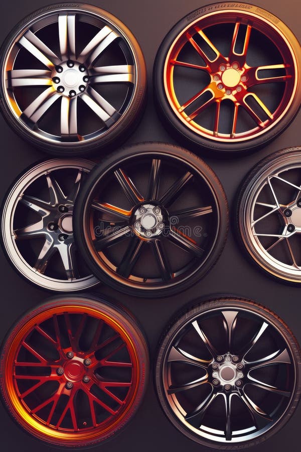 Four Different Colored Wheels on a Black Surface, Suitable for Various ...