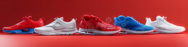 Four Different Colors of Shoes in Red, White, and Blue on a Red ...
