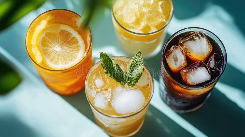 Four Different Drinks are Lined Up on a Table, Including a Glass of ...