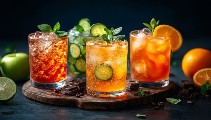 Four Different Drinks are on a Wooden Table, Including a Green Apple, a ...