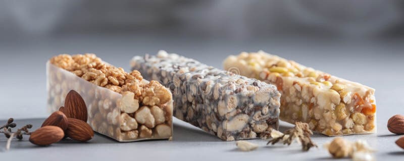 Four Different Flavors of Granola Bars Sprinkled with Chopped Nuts ...