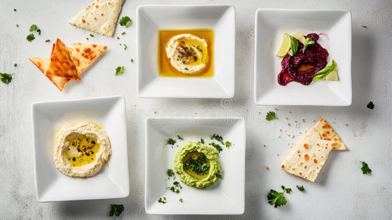 White Square Bowls Displaying Four Hummus Varieties, Garnished with ...