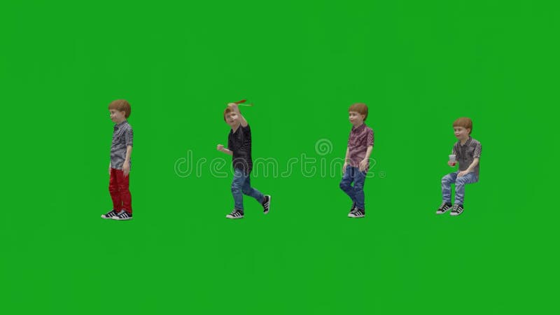 Four Different Green Screen Boys Playing and Walking Side by Side 3D ...