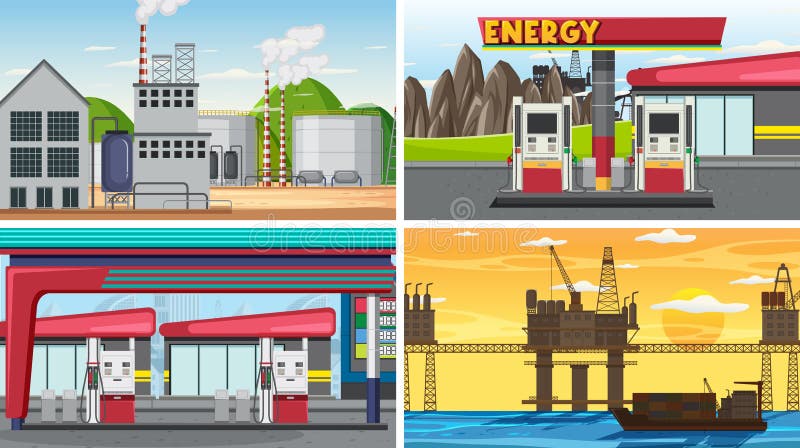 Four Different Petroleum Industry Scenes Stock Vector - Illustration of ...
