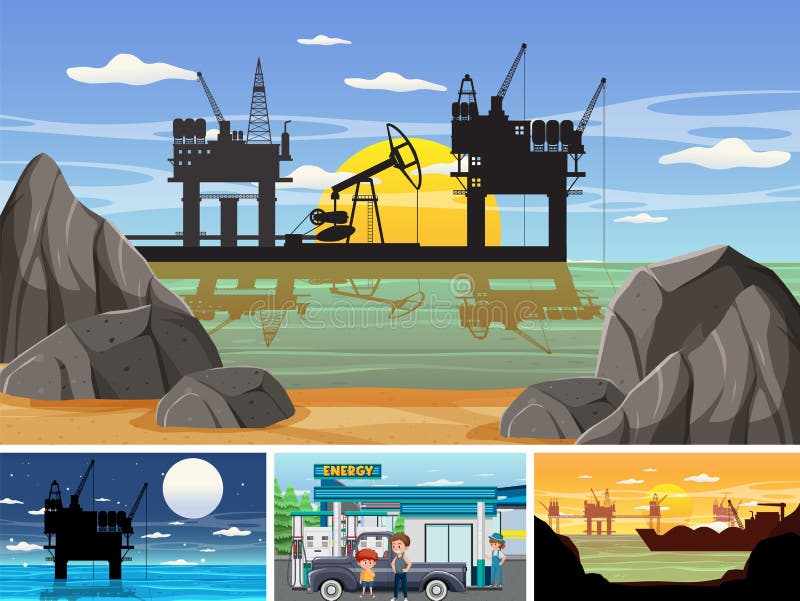 Four Different Petroleum Industry Scenes Stock Vector - Illustration of ...