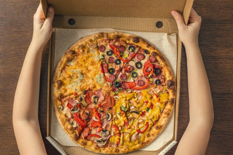 Female Hands Open Delivery Box with Pizza. Stock Image - Image of ...