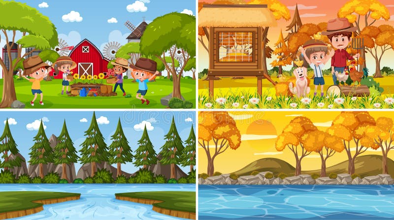 Four Different Scenes with Children Cartoon Character Stock Vector ...