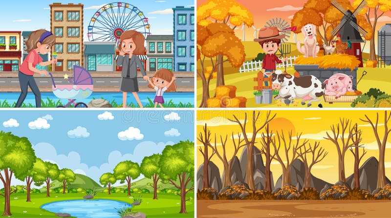 Four Different Scenes with Children Cartoon Character Stock Vector ...