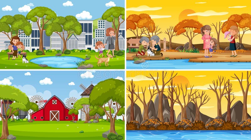 Four Different Scenes with Children Cartoon Character Stock Vector ...