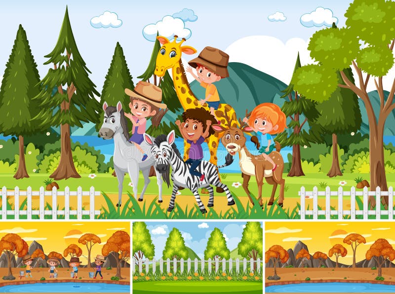Four Different Scenes with Children Cartoon Character Stock Vector ...