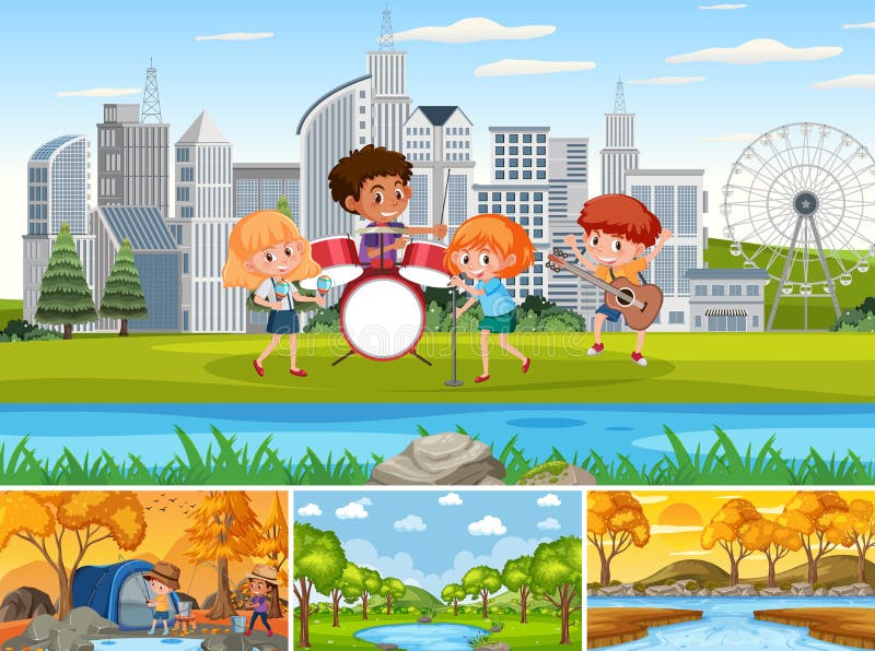 Four Different Scenes with Children Cartoon Character Stock Vector ...