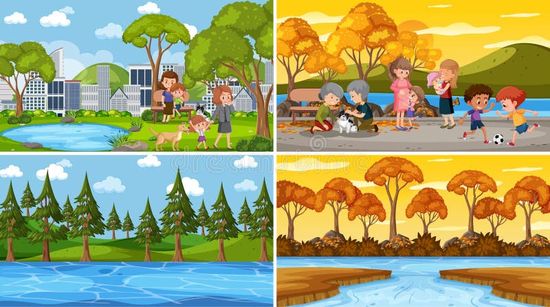 Four Different Scenes with Children Cartoon Character Stock Vector ...