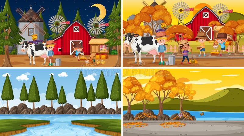 Four Different Scenes with Children Cartoon Character Stock Vector ...