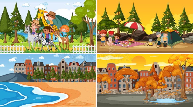 Four Different Scenes with Children Cartoon Character Stock ...