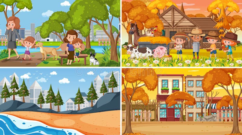 Four Different Scenes with Children Cartoon Character Stock ...