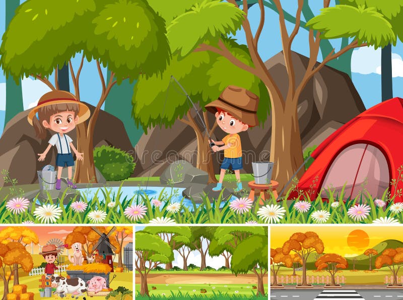 Four Different Scenes with Children Cartoon Character Stock Vector ...