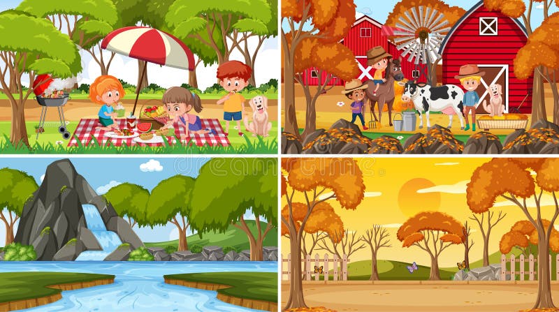 Four Different Scenes with Children Cartoon Character Stock Vector ...