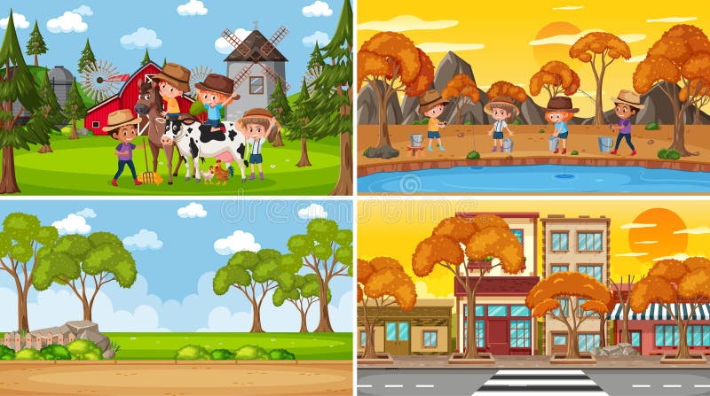 Four Different Scenes with Children Cartoon Character Stock Vector ...