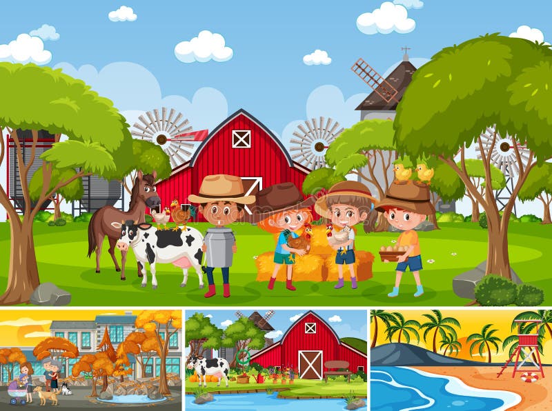 Four Different Scenes with Children Cartoon Character Stock Vector ...