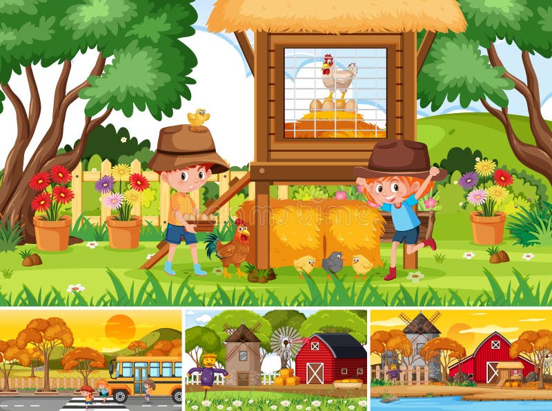 Four Different Scenes with Children Cartoon Character Stock Vector ...