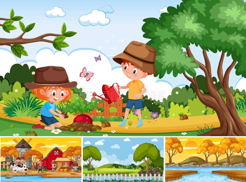 Four Different Scenes with Children Cartoon Character Stock Vector ...